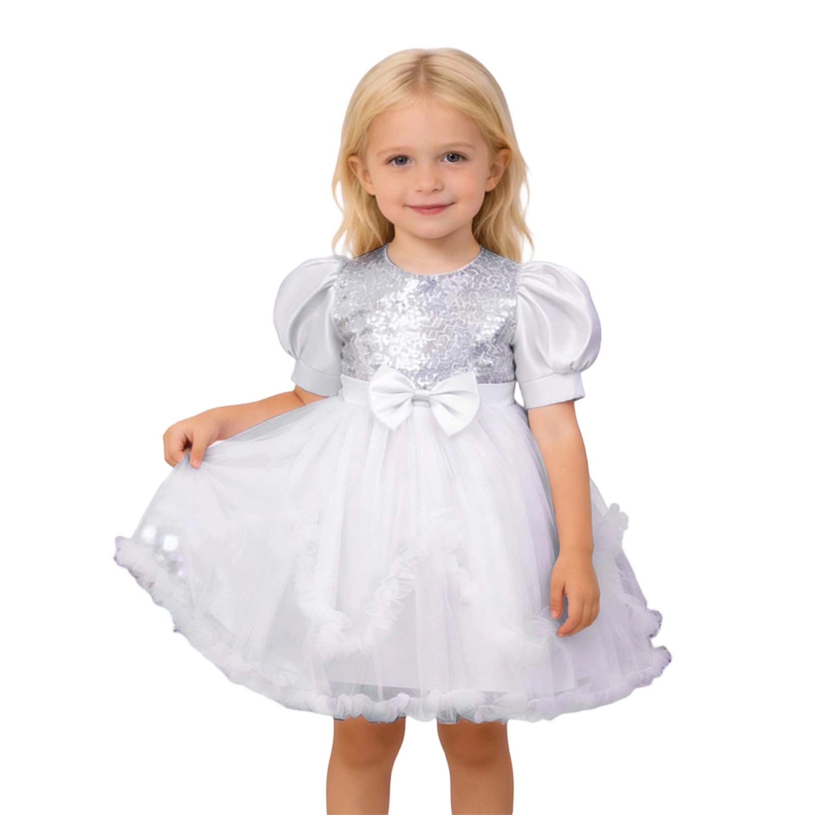 WhouRiu Big Girls Dress Bow Sequin Puff Sleeve Princess Tutu Dress Kids ...