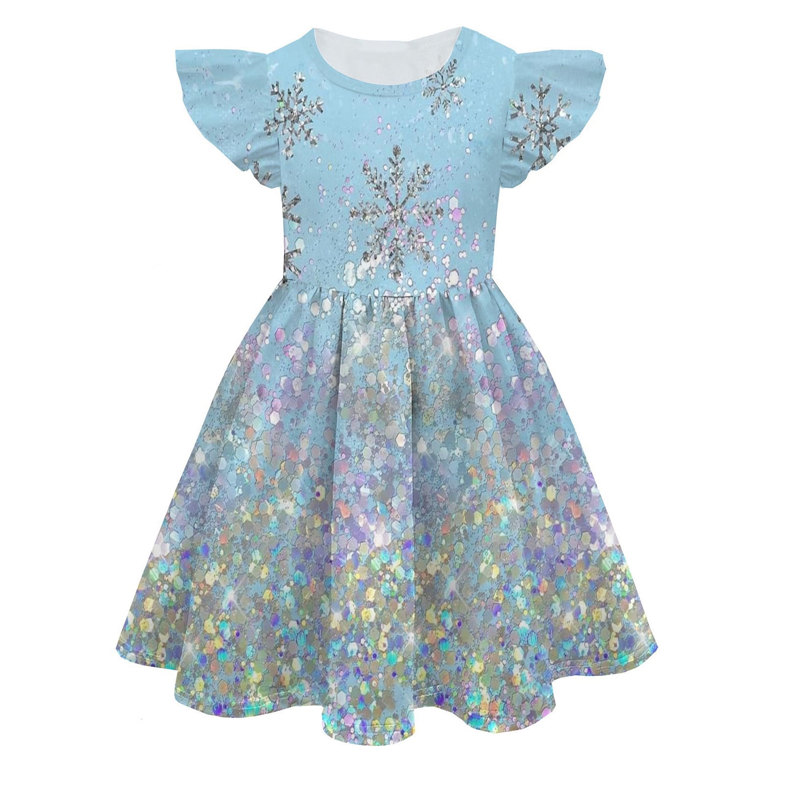 WhouRiu Girls Sequins Print Ruffle Sleeve Dress A-Line Cotton Summer ...
