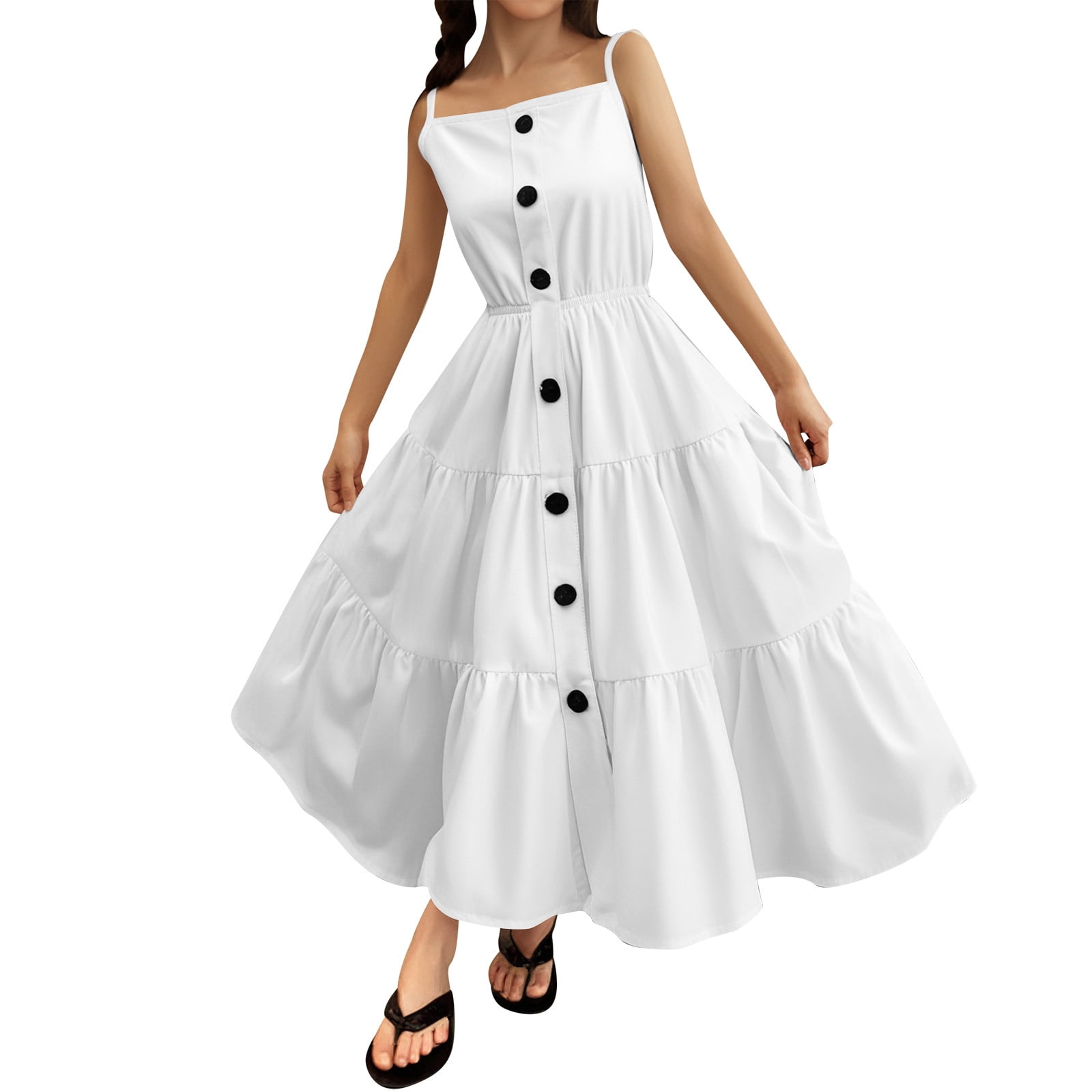 WhouRiu Girls Solid Tiered Beach Slip Dress Cotton Casual Long Sundress ...