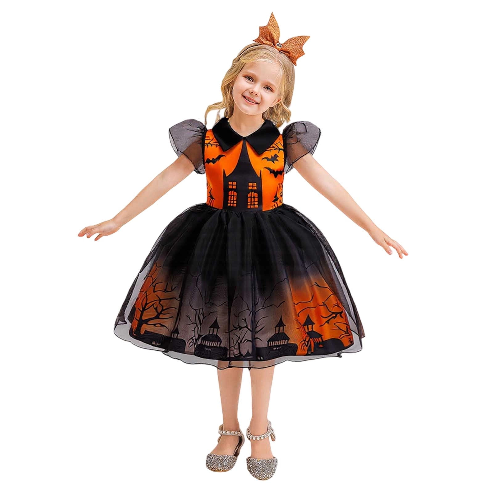 WhouRiu Little Girls Dress Short Sleeve Halloween Print Mesh Dress Kids ...