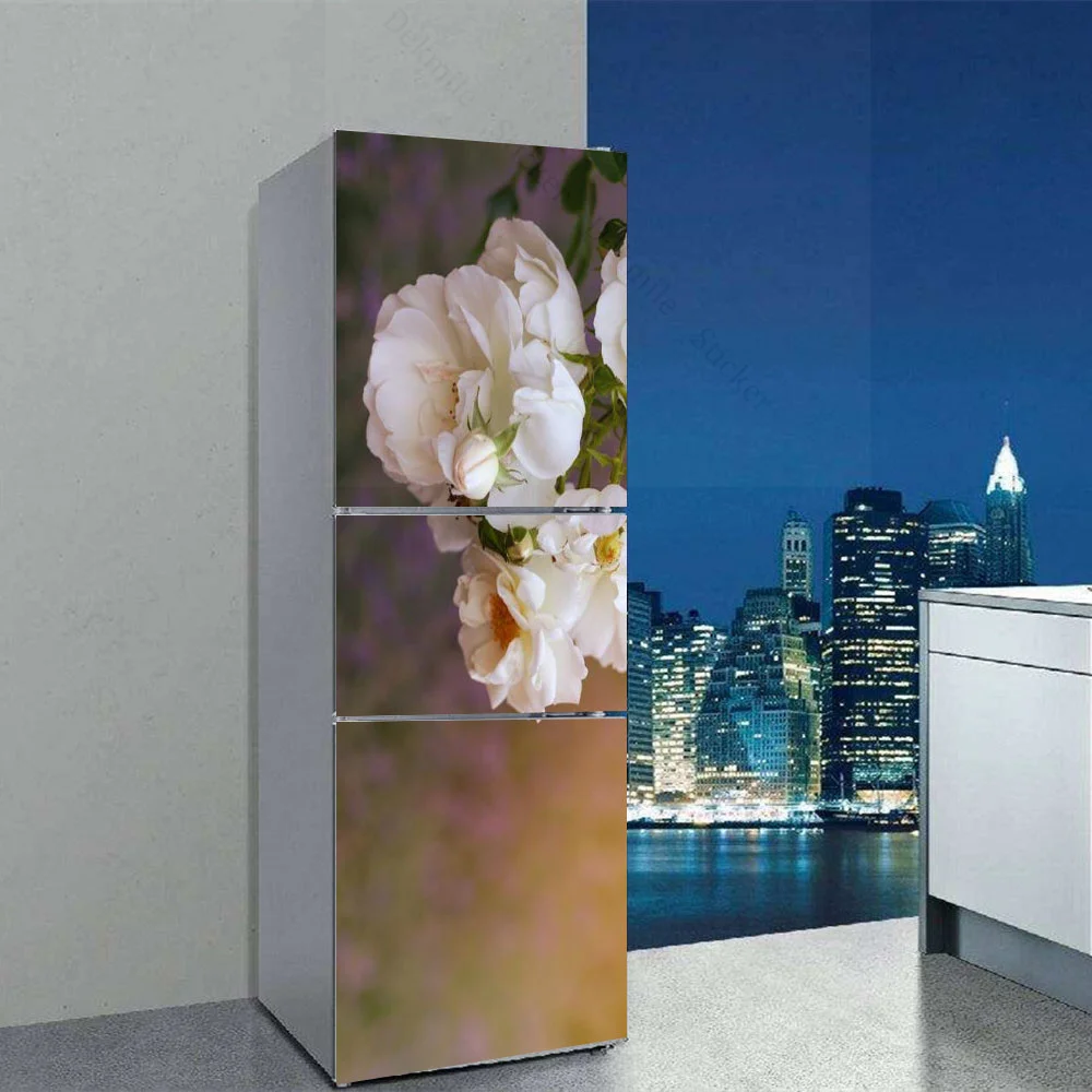 Whtite Fridge Sticker Art Flower Kitchen Refrigerator Door Wrap Blue ...