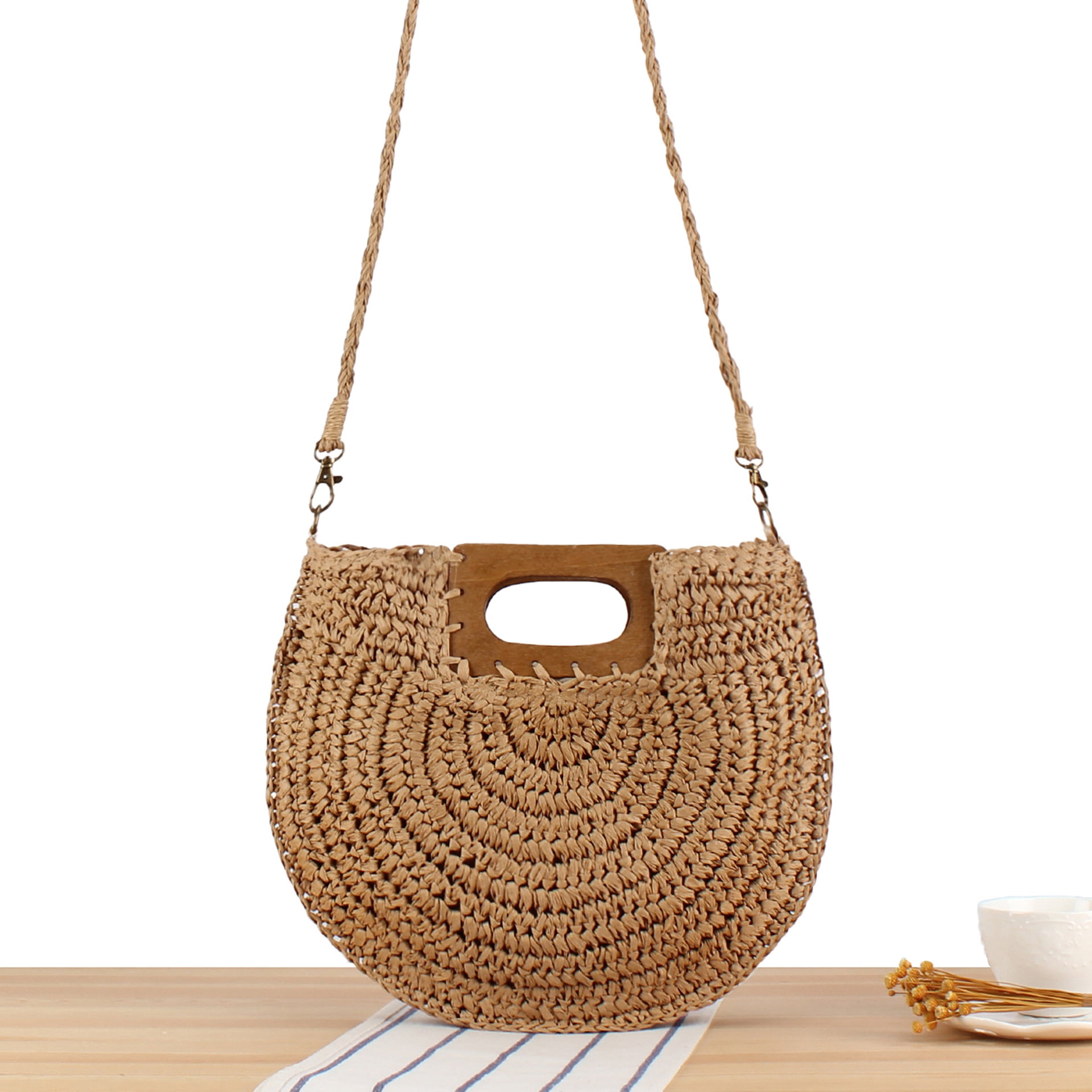 Whudwhu Wooden Handle Half-Moon Woven Bag – Beach Vacation Fashion Tote ...