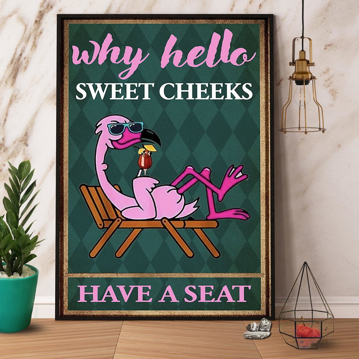 Why Hello Sweet Cheeks Have A Seat Flamingo Drinking Wine Paper Poster ...