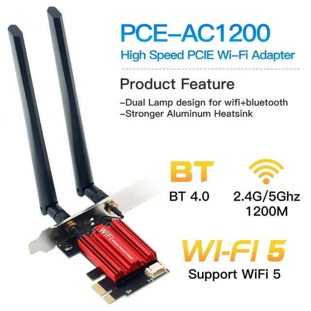 WiFi 5 PCI-E Wireless Adapter Network Card AC1200 Dual Band 2.4G/5GHz ...