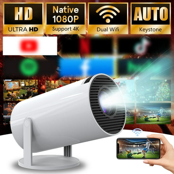 WiFi 6 Smart Projector, 4K 1080P HD Projection, 180° Rotating Stand ...