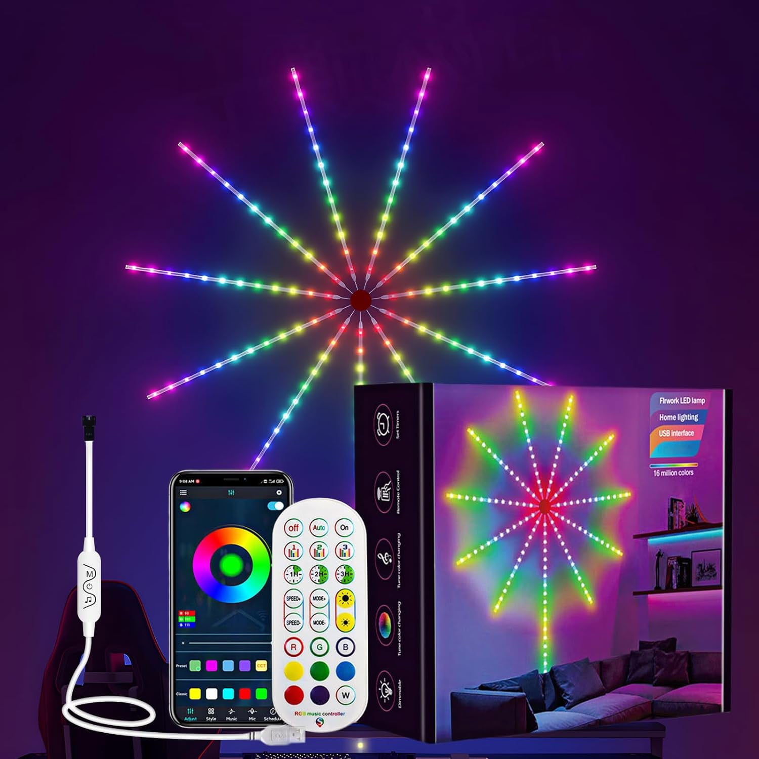 WiFi Bluetooth Smart Fireworks LED Light with 16 Colors & 10 Lighting ...