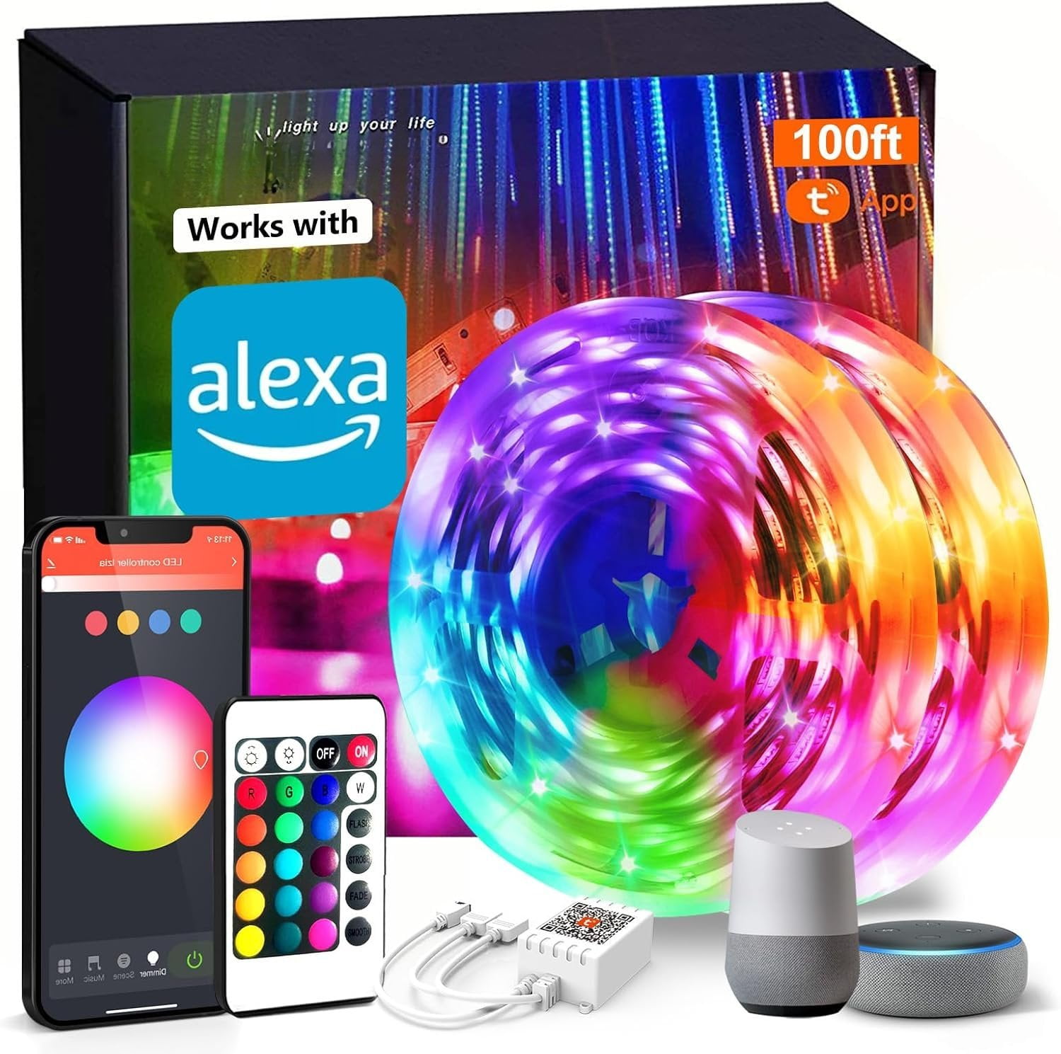 WiFi Lights 100ft, Tuya App Controlled Strip Lights, Work with Alexa ...