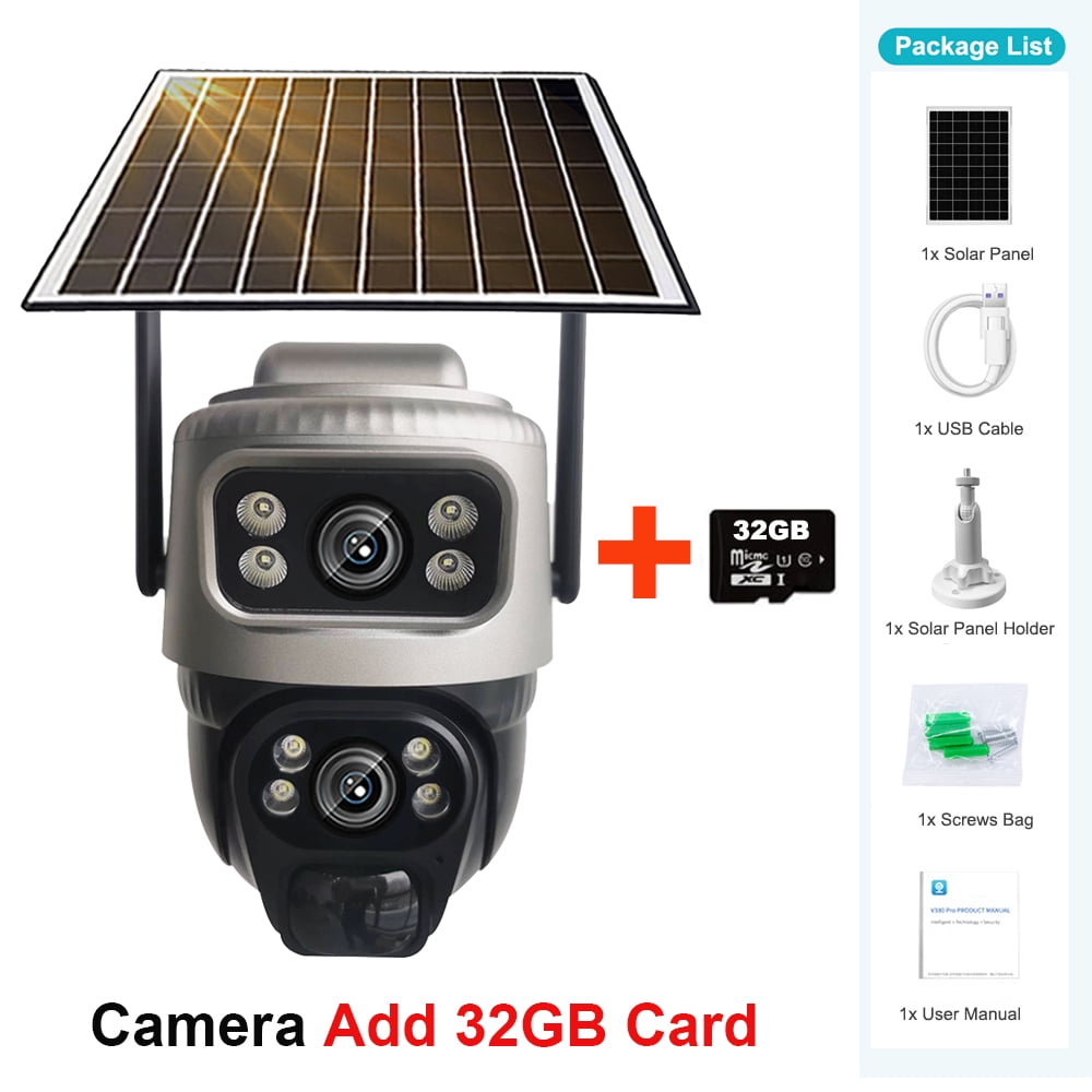 WiFi Solar IP Camera Outdoor Dual Lens PTZ Low Powered Video Camera PIR Motion Detect Security ...