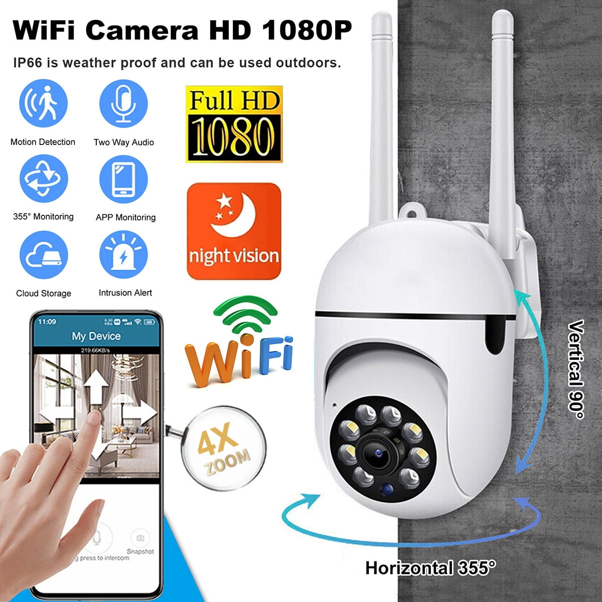 WiFi Surveillance Security Camera Outdoor/Home/Dome, Pan-Tilt 360° View ...