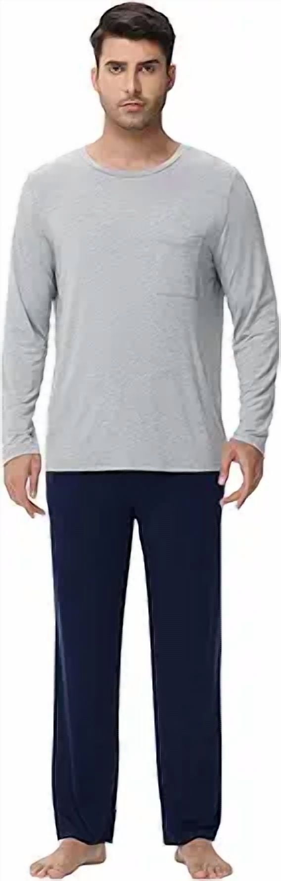 WiWi Men's Pajamas Set Lightweight Sleepwear Long Sleeve Sleep Shirt ...