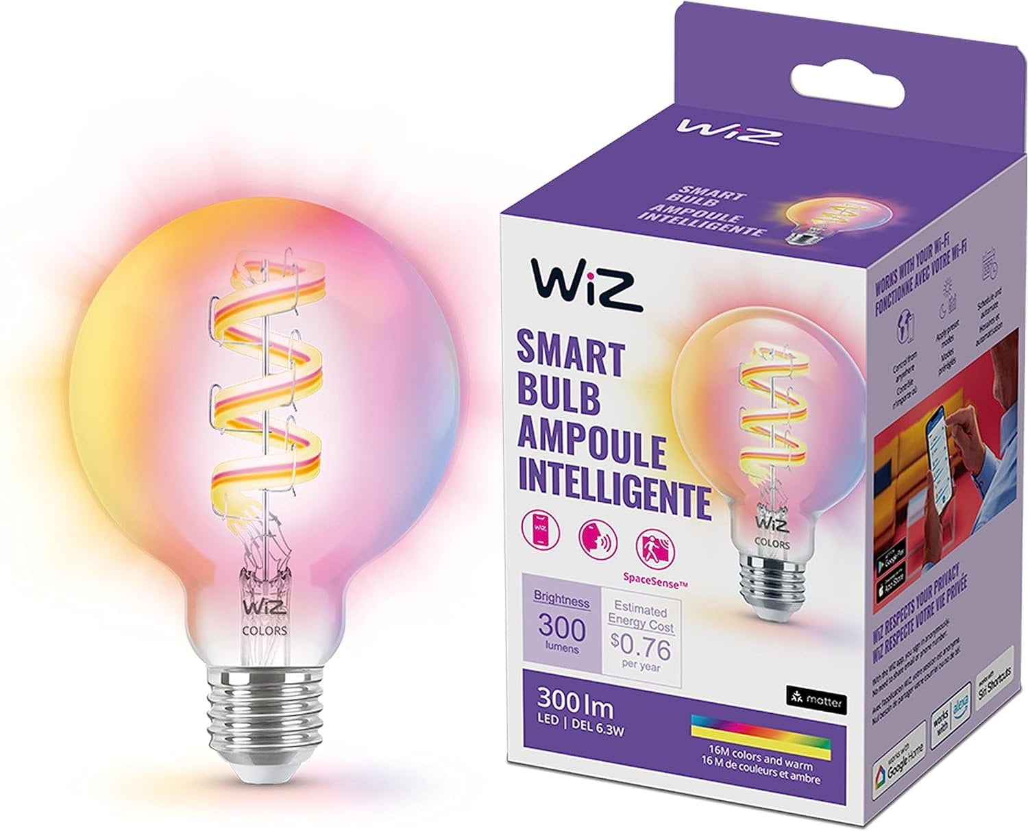 WiZ Connected Color G25 Color Filament LED Smart Bulb - Pack of 1-300 Lumen - E26, Indoor ...