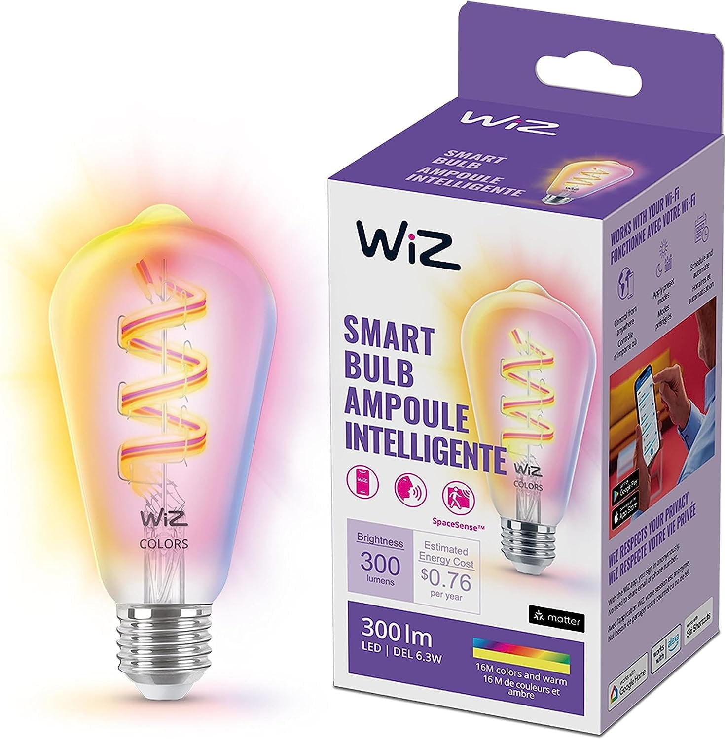 WiZ Connected Color ST19 Color Filament LED Smart Bulb - Pack of 1-300 ...