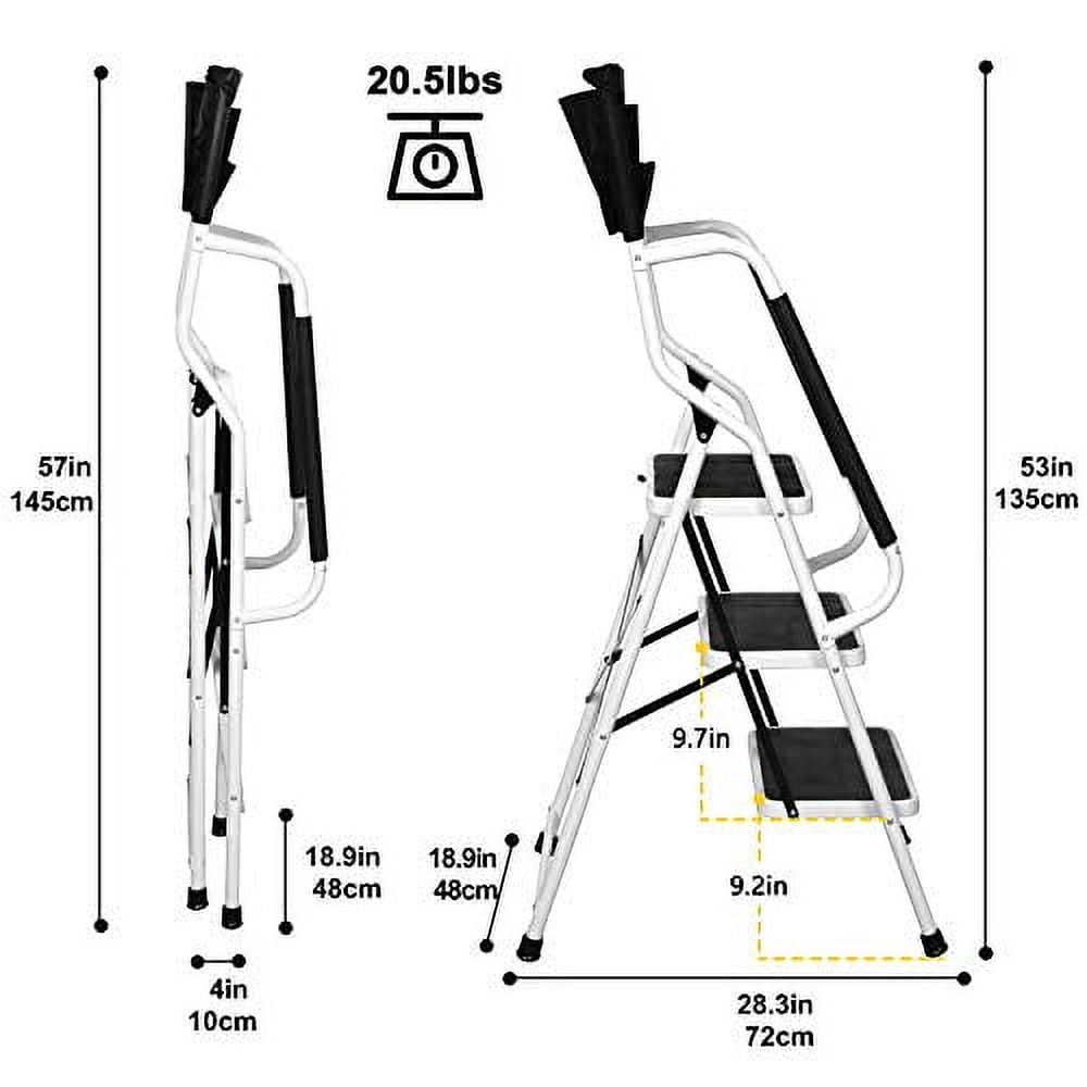 WiberWi 3 Step Ladder with Handrails 500 lb Capacity Step Stool Folding ...