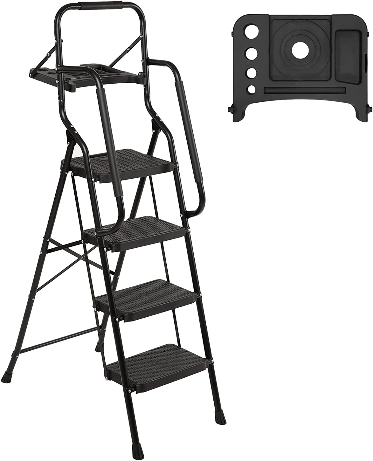 WiberWi 4 Step Ladder with Handrails Folding Step Stool with Tool ...