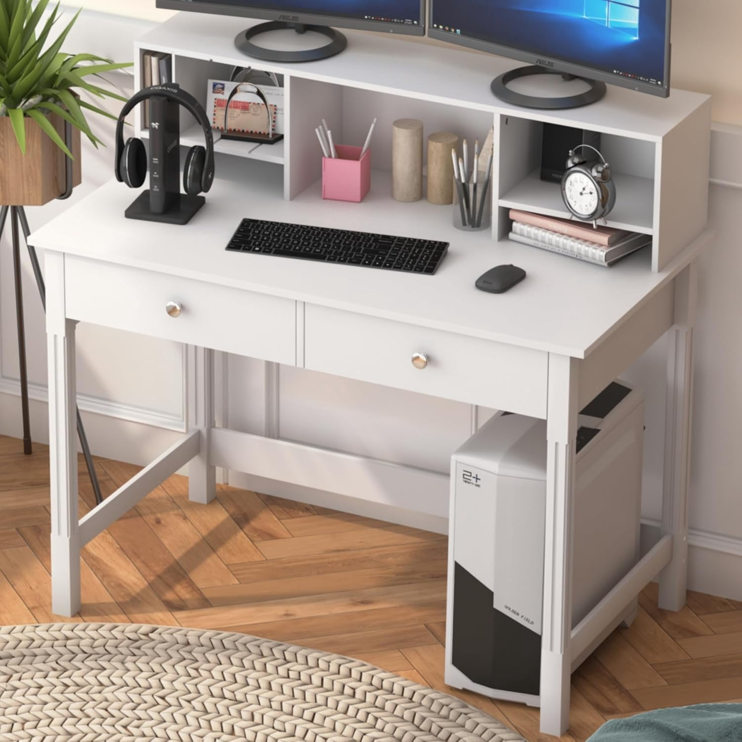 WiberWi Computer Desk with Drawers and Hutch, 43.3 inch White Home ...