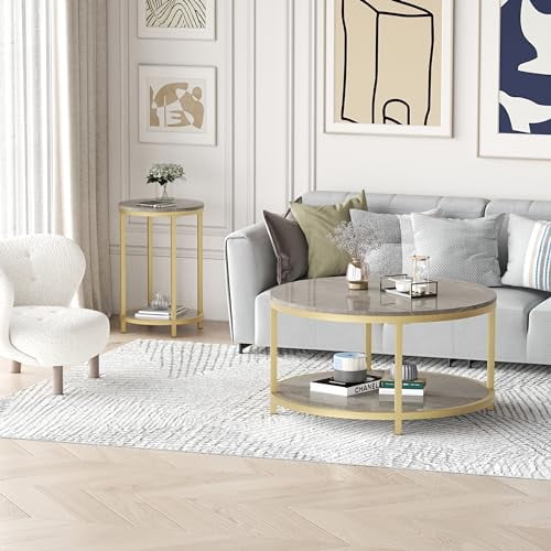 WiberWi Round Side Table, Modern Nightstand End Table with Gold Metal ...