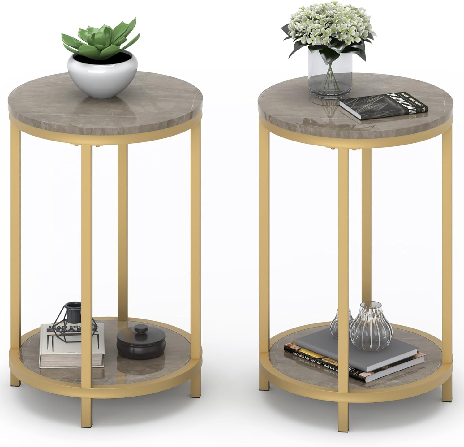 WiberWi Round Side Table Set of 2, Modern Nightstand End Table with Gold Metal Frame &Faux ...