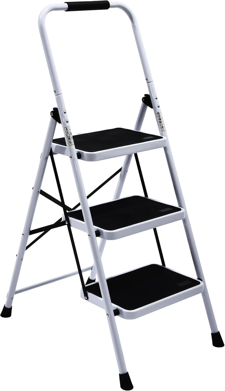 Wiberwi 3 Step Ladder Folding Step Stool for Adults with Top Handrail ...