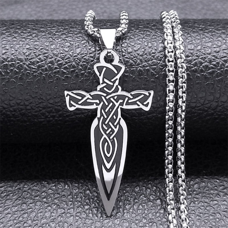 Wicca Celtic Irish Knot Sword Cross 14K White Gold Necklace for Women ...