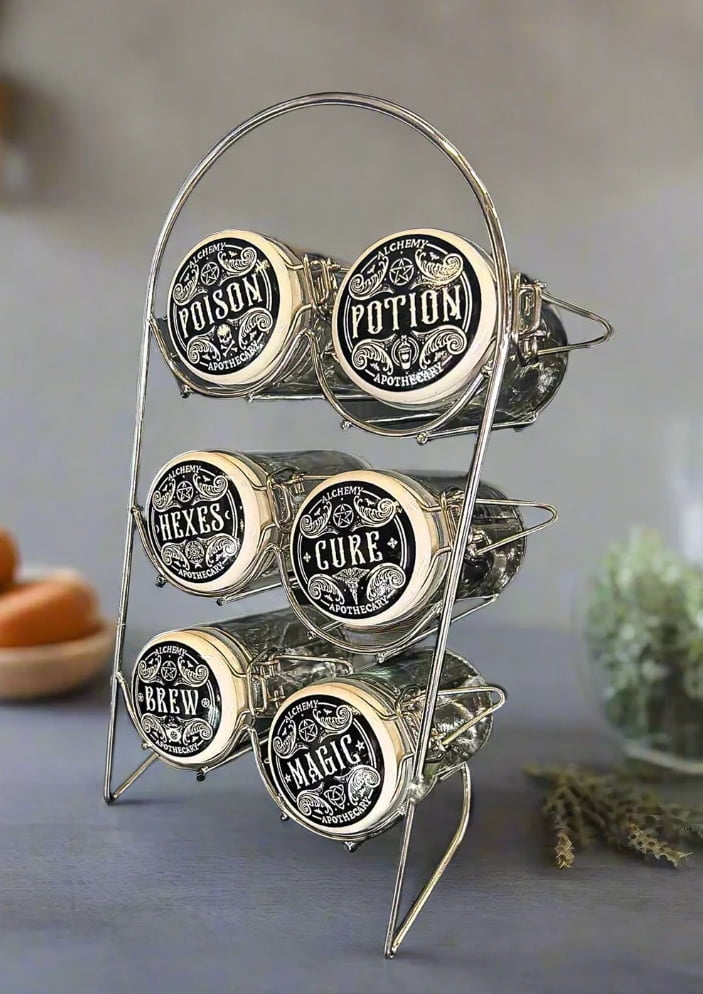 Wicca Kitchen Witch Alchemy Apothecary Jar Spice Metal Rack With 6 ...