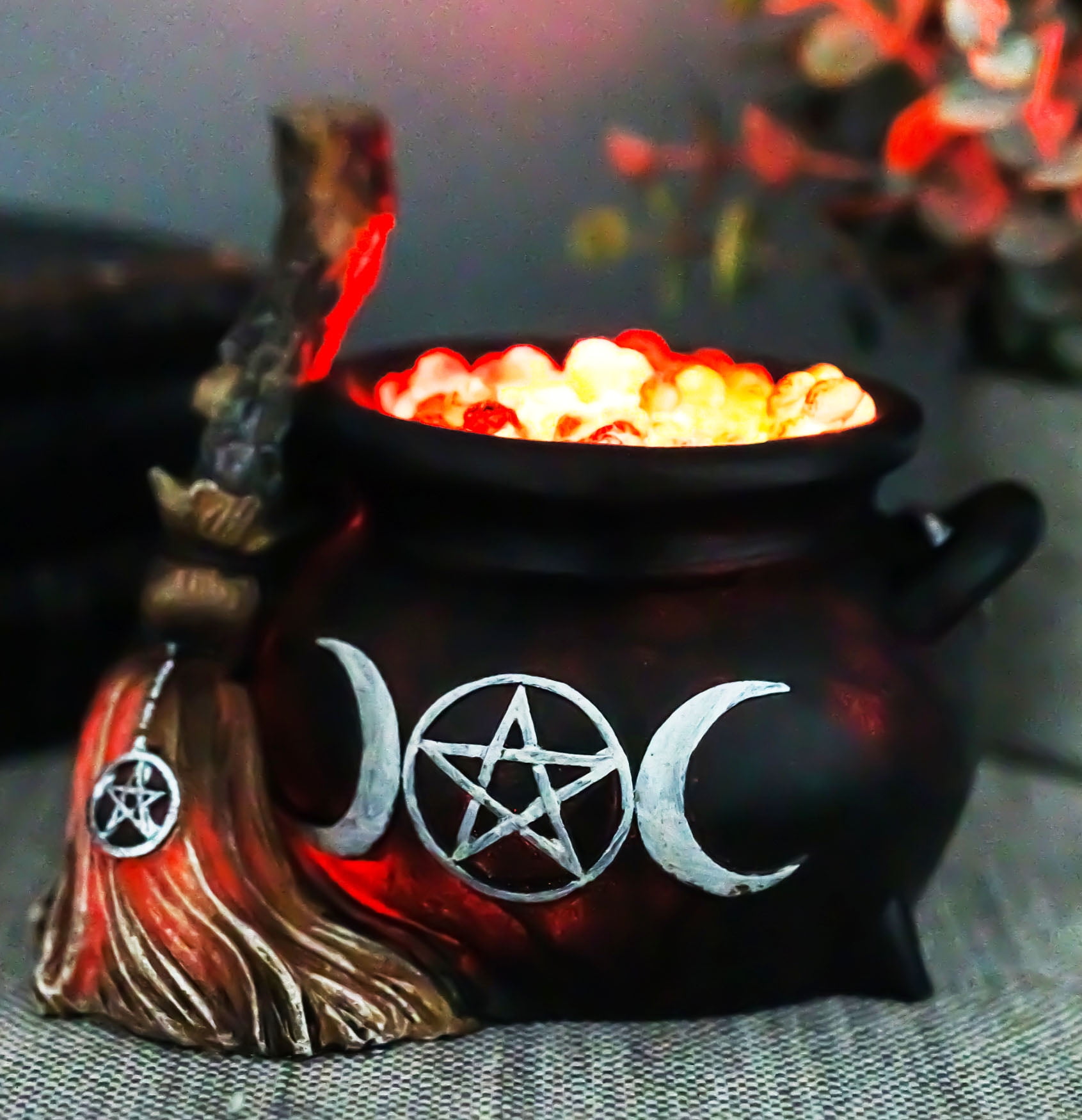 Wicca Triple Moon Goddess Pentagram LED Light Cauldron And Broomstick ...