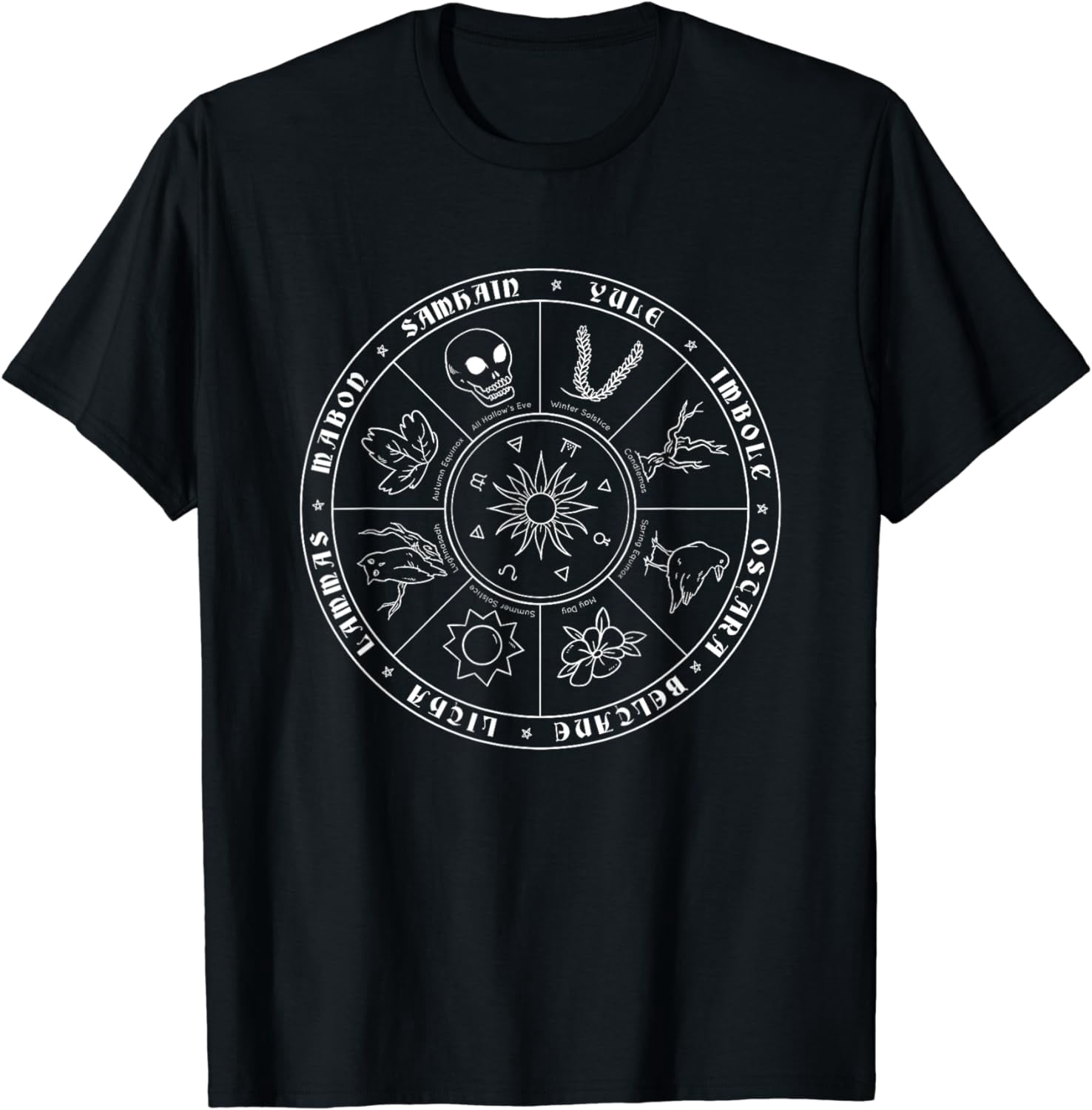 Wicca wheel of the year I Witch Pentagram Pagan calendar T-Shirt ...