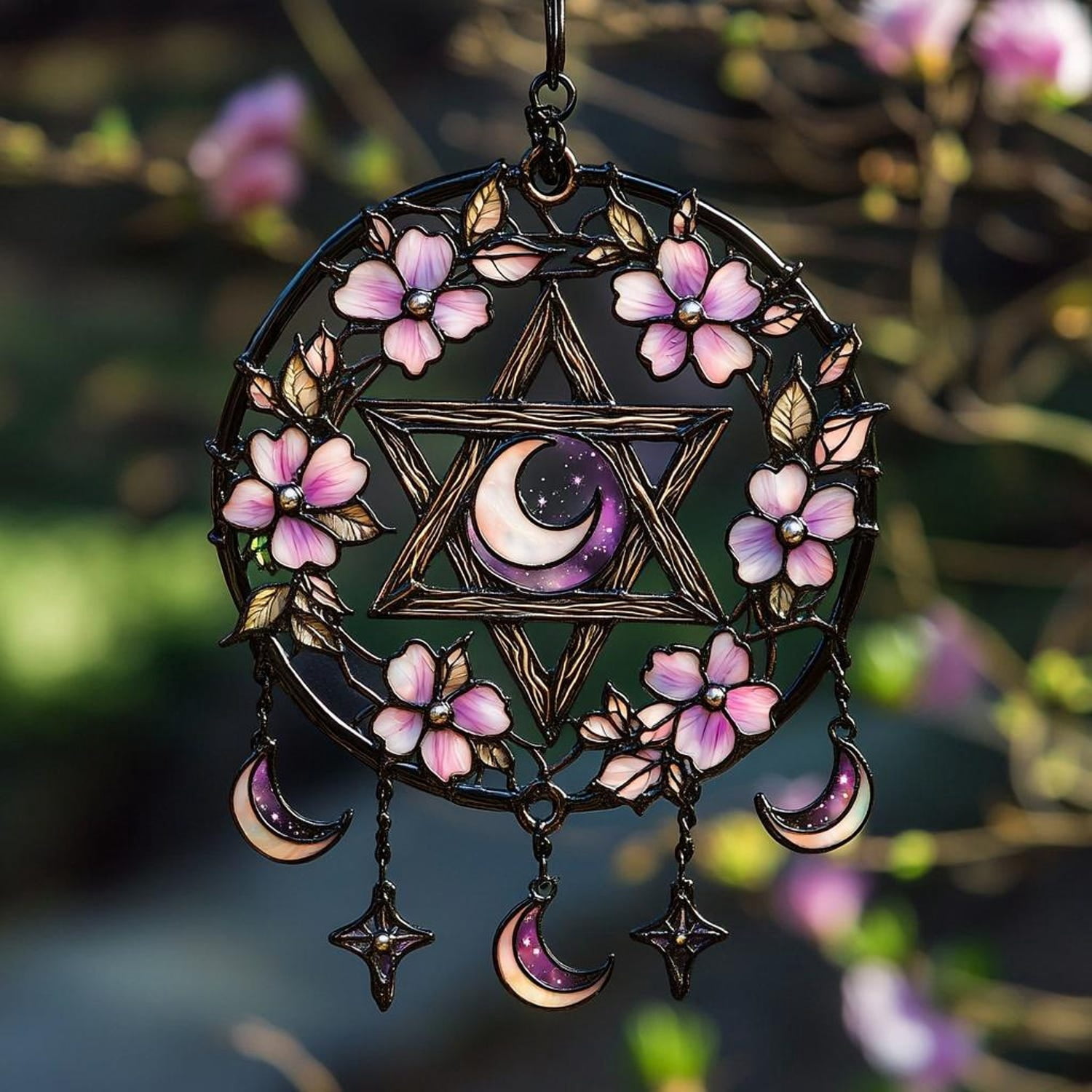 Wiccan Moon Star Acrylic Suncatcher - Pentagram Faux Stained Glass ...