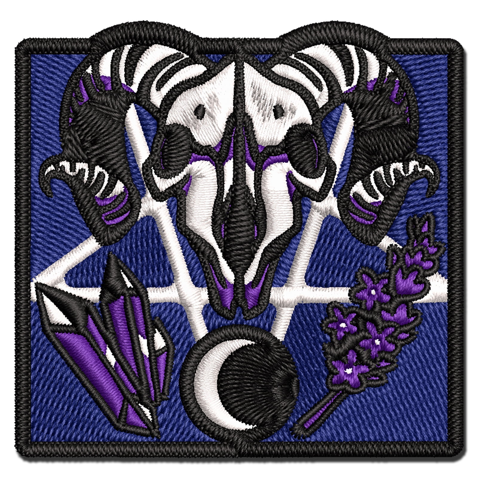 Wiccan Witch Circle Pentagram with Ram Skull Crystal Applique Multi-Color Embroidered Hook ...