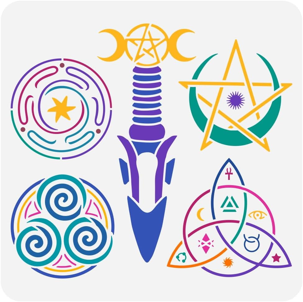 Wiccan Witch Symbols Painting Stencil 11.8x11.8 inch Plastic PET Athame ...