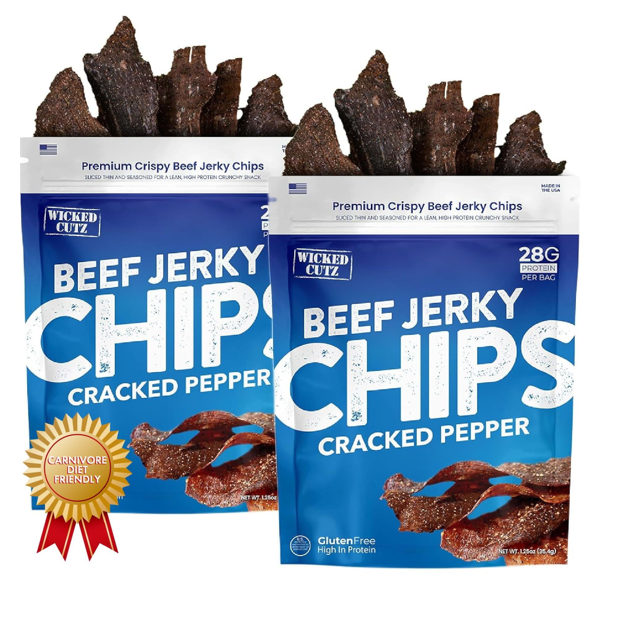 Wicked Cutz Cracked Pepper MZF22 Beef Jerky Chips, 28g Protein per Bag ...