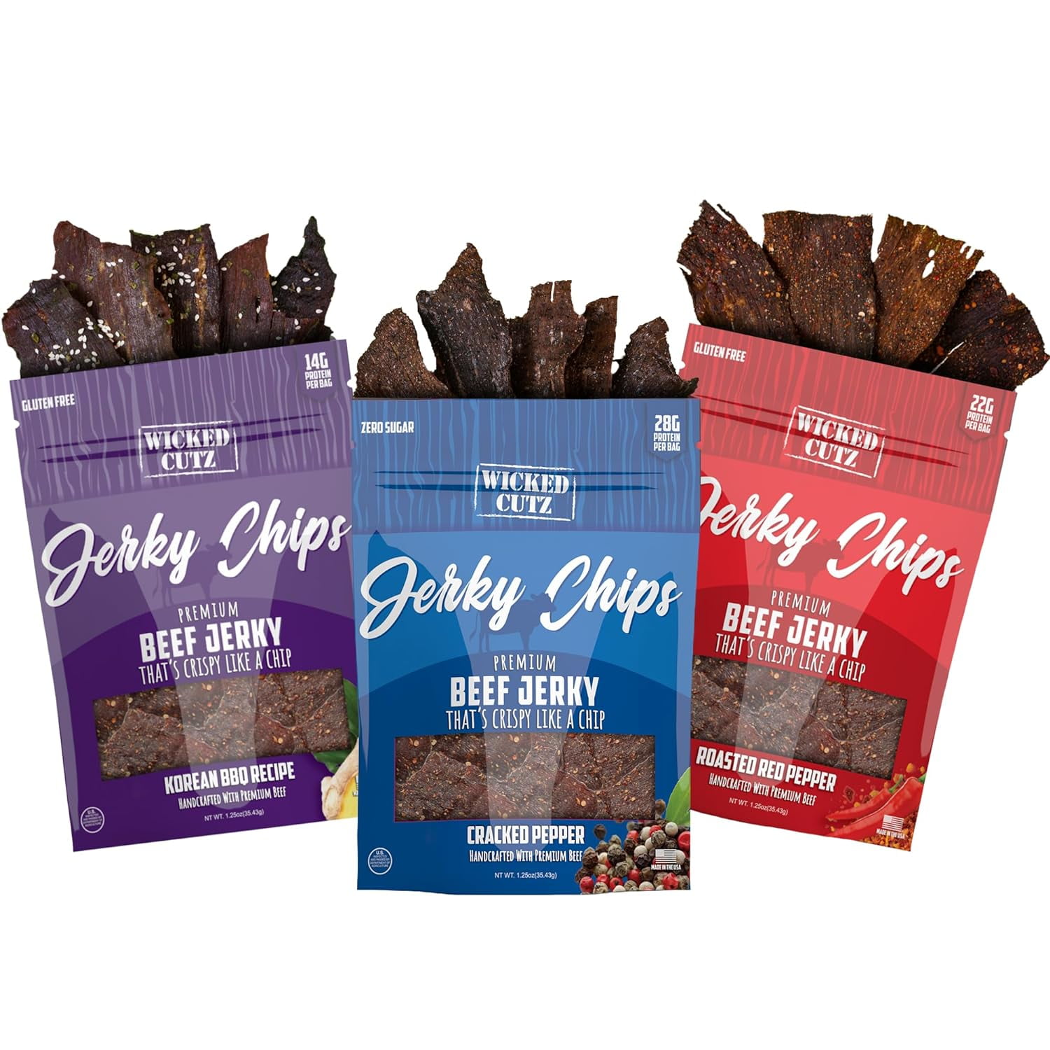 Wicked Cutz Premium Beef Jerky Crispy Chips, Variety Pack, Protein-Rich ...