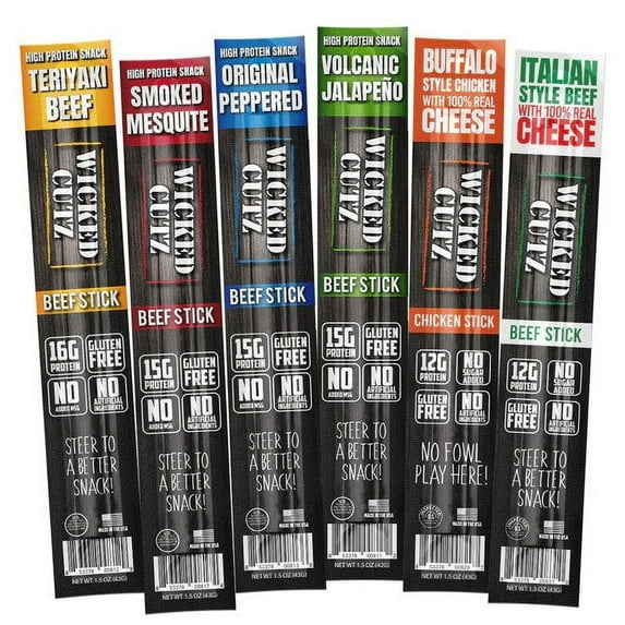 Wicked Cutz Premium Beef Jerky Sticks, Protein-Rich, 6-Flavor Variety ...