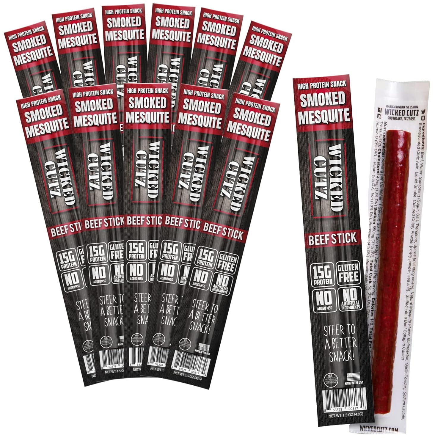 Wicked Cutz Beef Sticks, Smoked Mesquite, 15g Protein, Low-Calorie, 12 ...