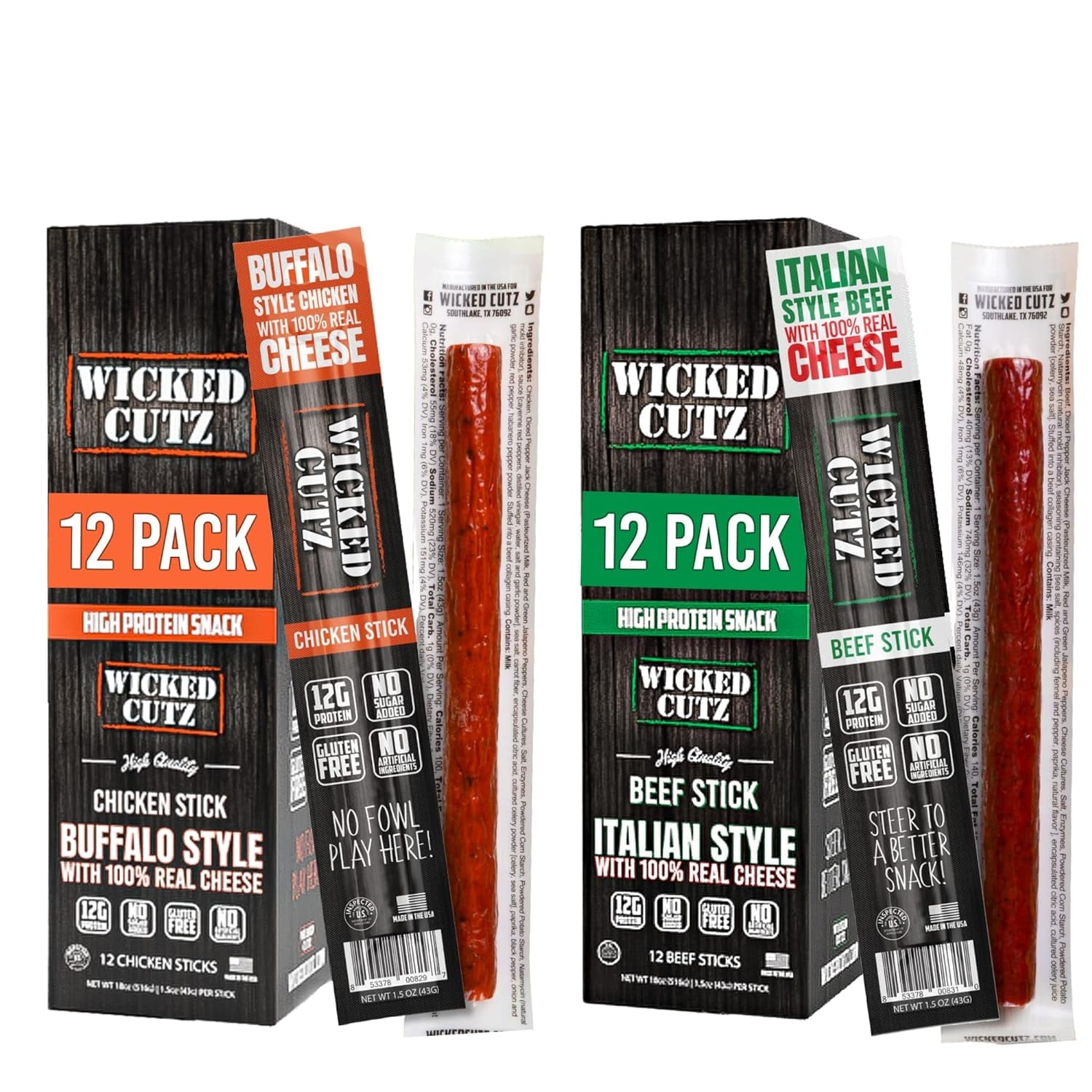Wicked Cutz Premium Chicken & Beef Sticks, Protein-Rich, Italian ...