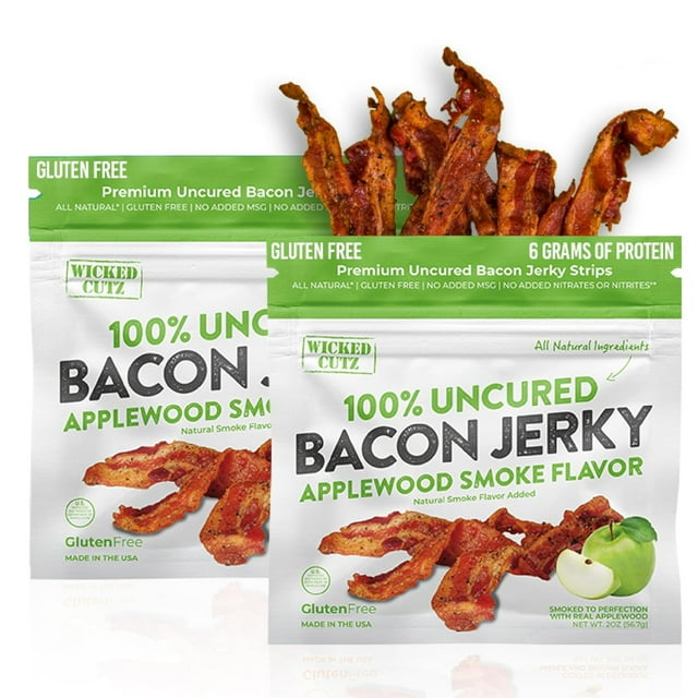 Wicked Cutz Premium Uncured Bacon Jerky, Applewood Smoke, 6g Protein, 2 ...