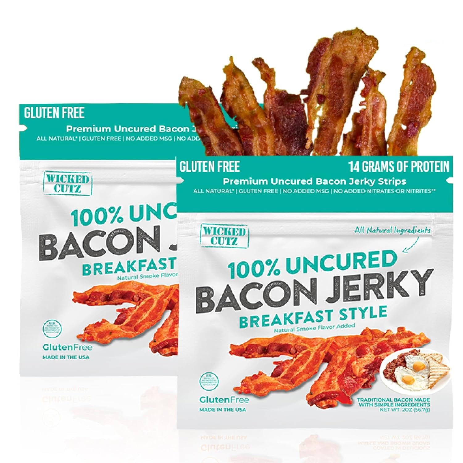 Wicked Cutz Uncured Bacon Jerky Breakfast Style, 7g Protein, 2 oz, 2 ...