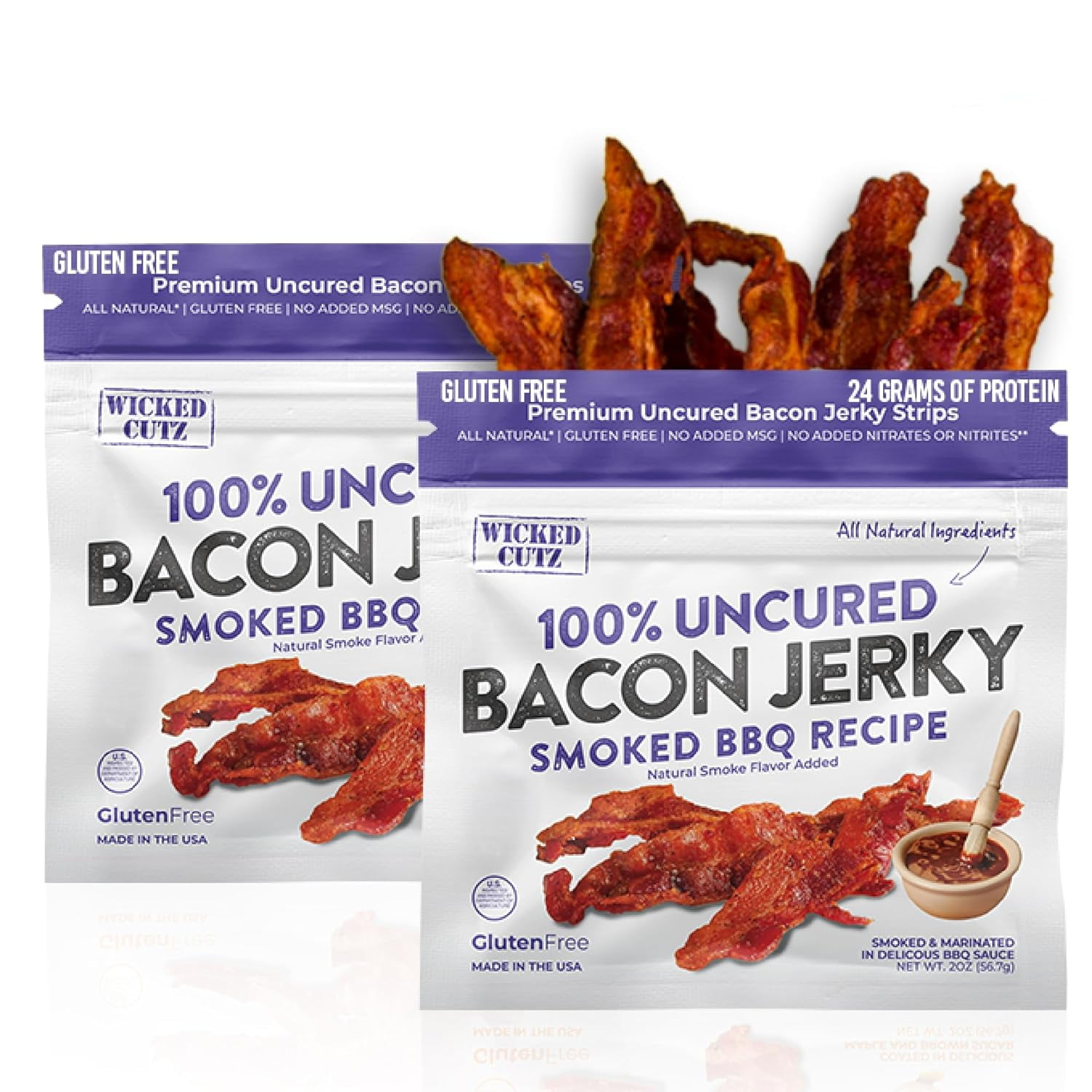 Wicked Cutz Uncured Bacon Jerky, Smoked BBQ Flavor, 12g Protein, Tender ...
