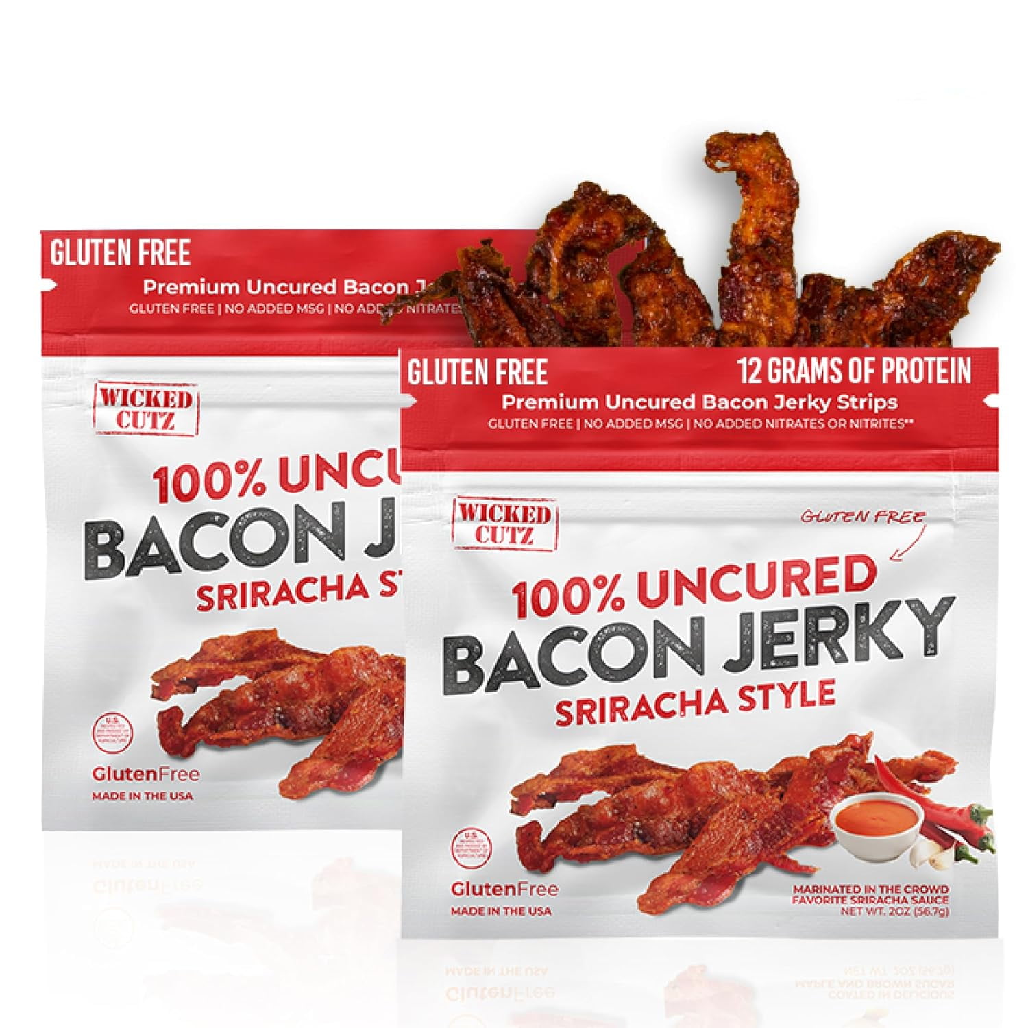 Wicked Cutz Premium Uncured Tender Bacon Jerky, Sriracha Style, 6g ...