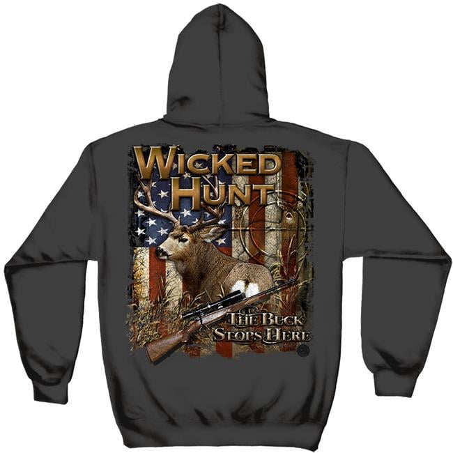 Wicked Hunt Deer Buck Stop Here Hunting 8oz 50/50 Hood Charcoal Gray ...