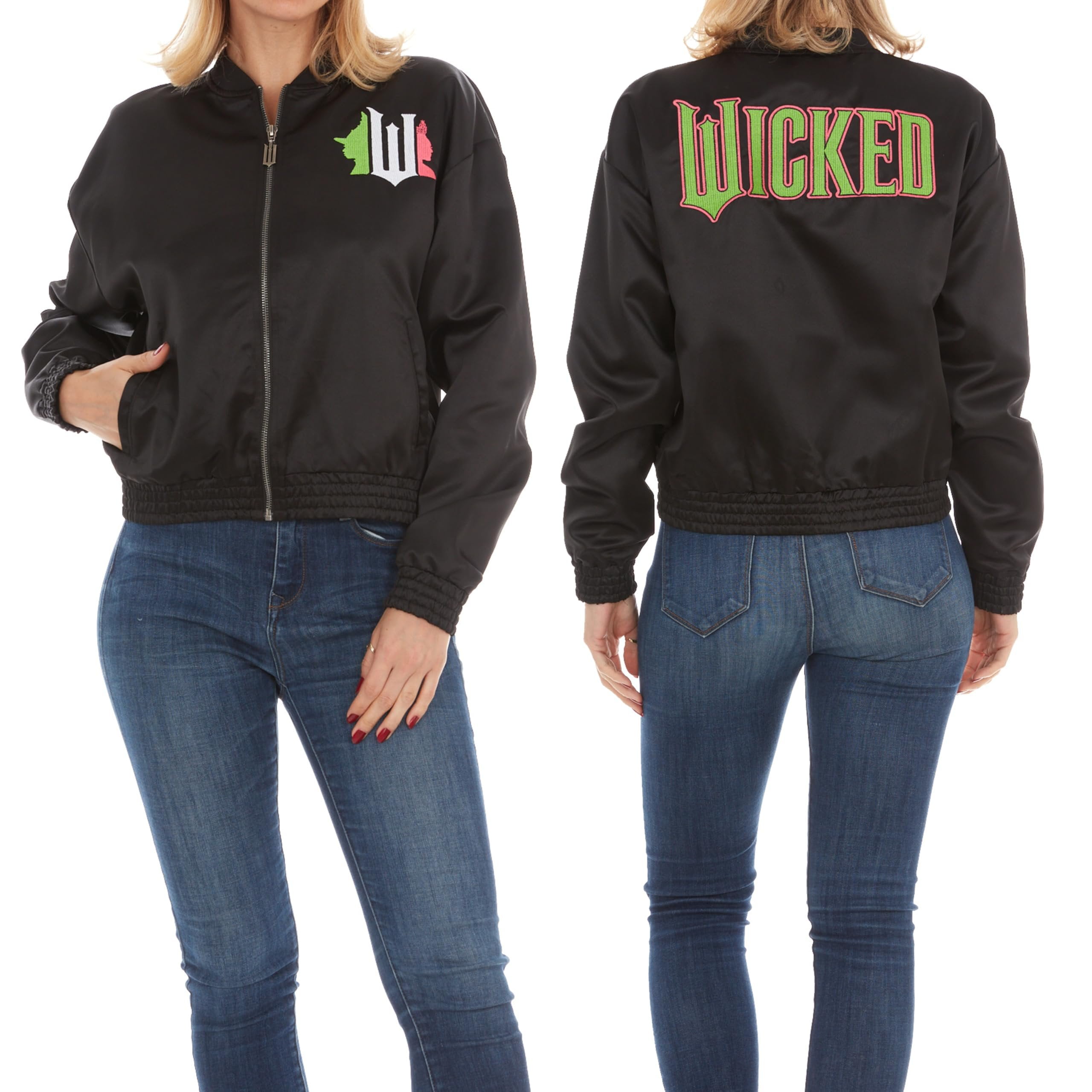 Wicked Movie Satin Bomber Jacket w/Printed Lining and Applique Letters ...