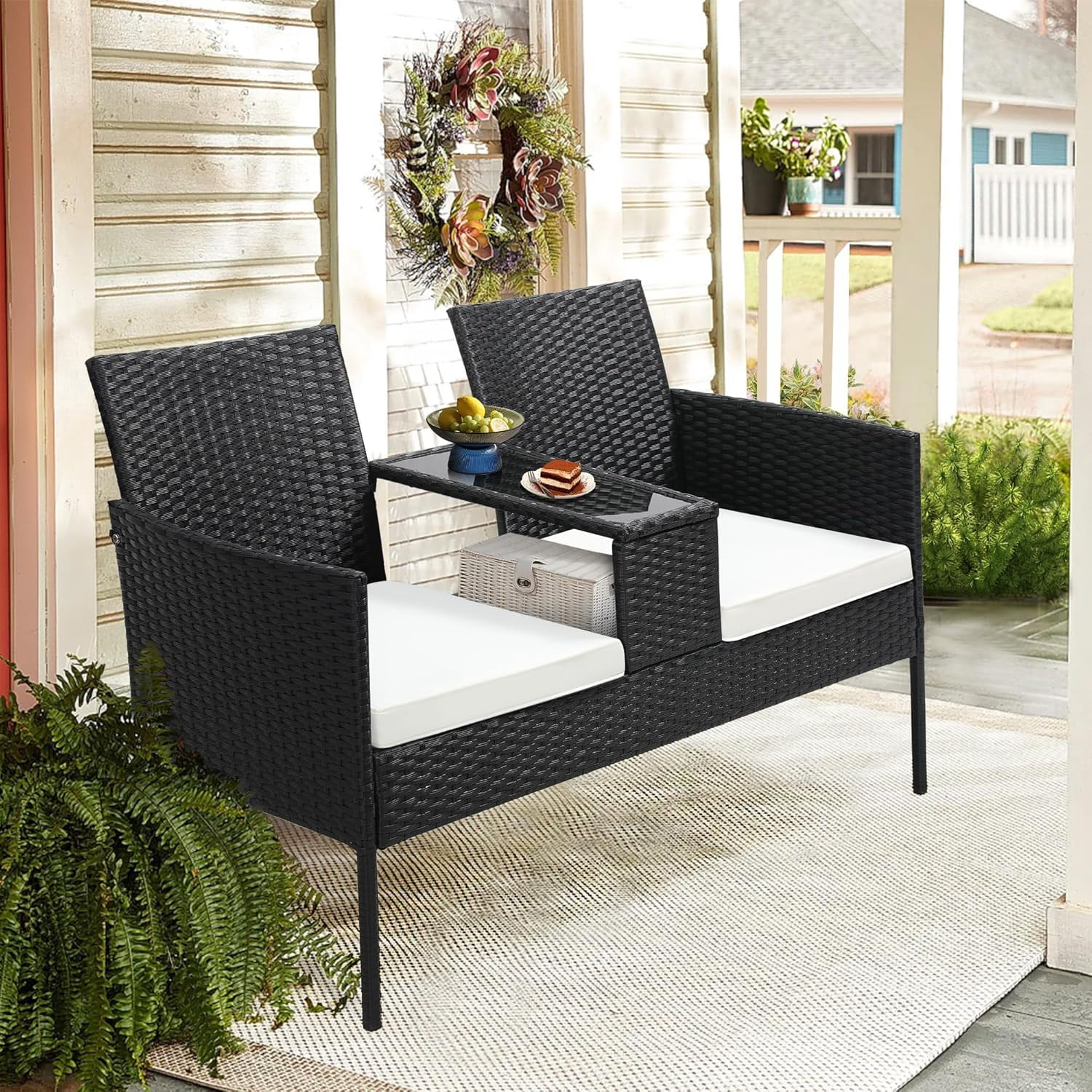 Wicker 2 Seat Patio Conversation Set - Outdoor Rattan Loveseat with ...