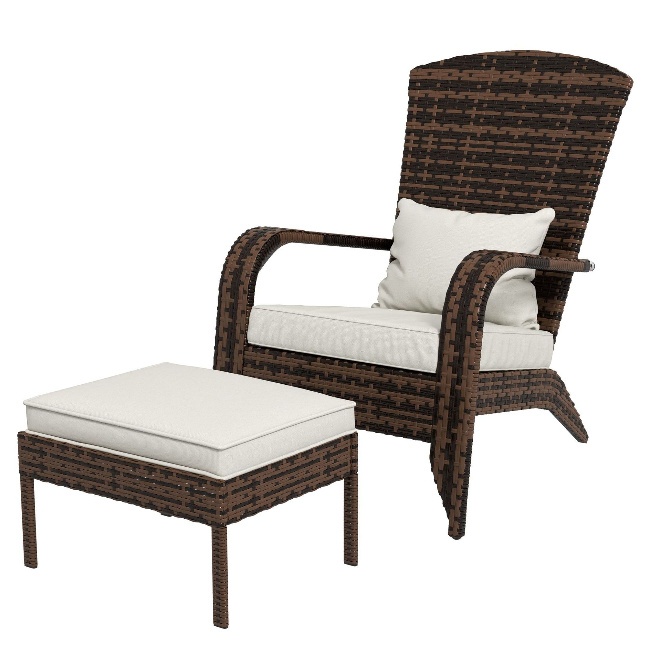 Wicker Adirondack Chair with Ottoman Set, Cream White Cushions ...