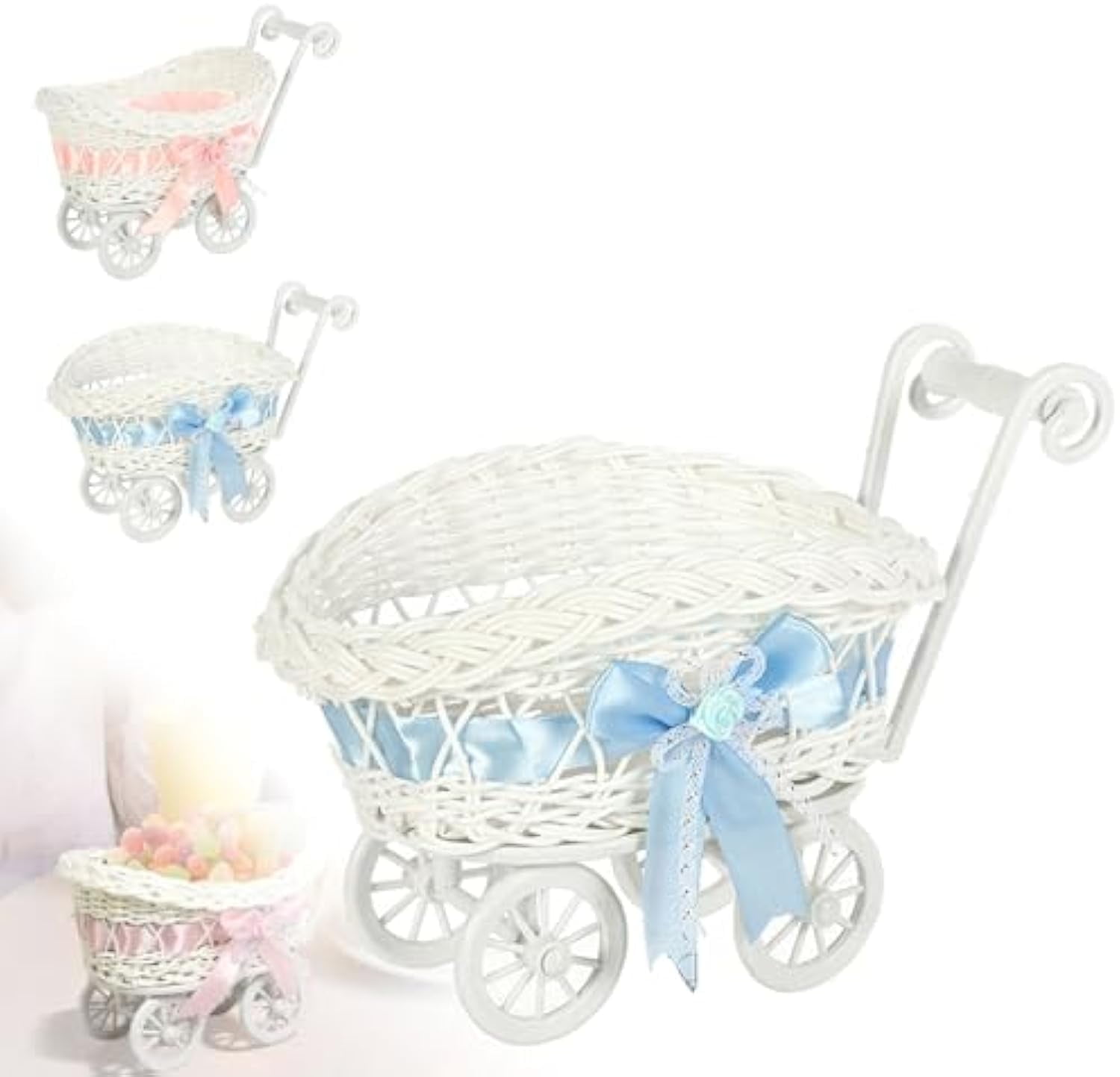 Wicker Baby Carriage for Baby Shower, Woven Rattan Stroller Flower ...