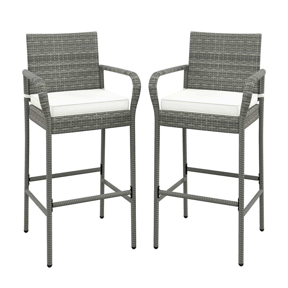 Wicker Bar Stools, Patio Bar Height Chairs with Armrests, Cushions and ...