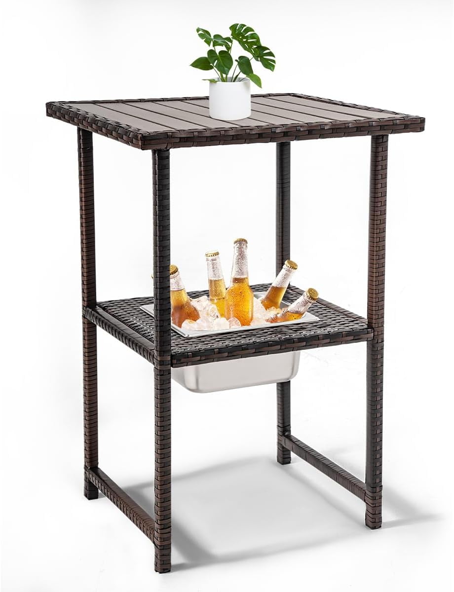 **wicker bar table with ice bucket, patio counter height rattan pub ...