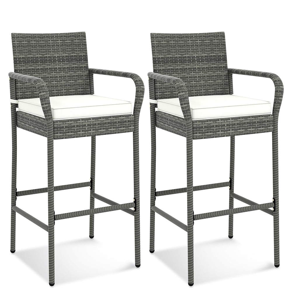 Wicker Barstools Set of 2, Outdoor Rattan Bar Chairs with Armrests ...