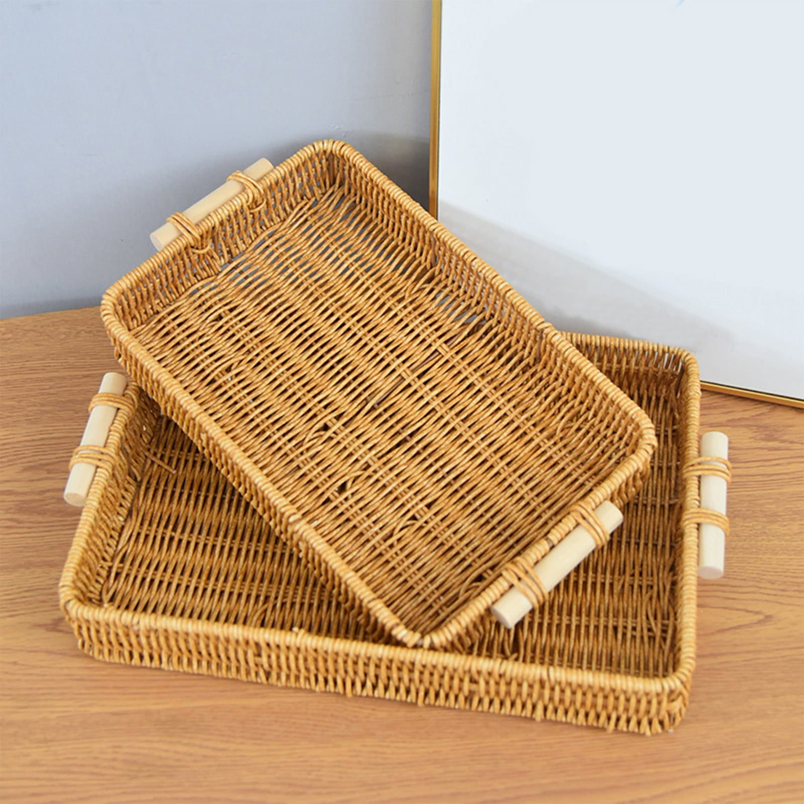 Wicker Basket Serving Tray with Handles, Handwoven Rattan Storage Sofa ...