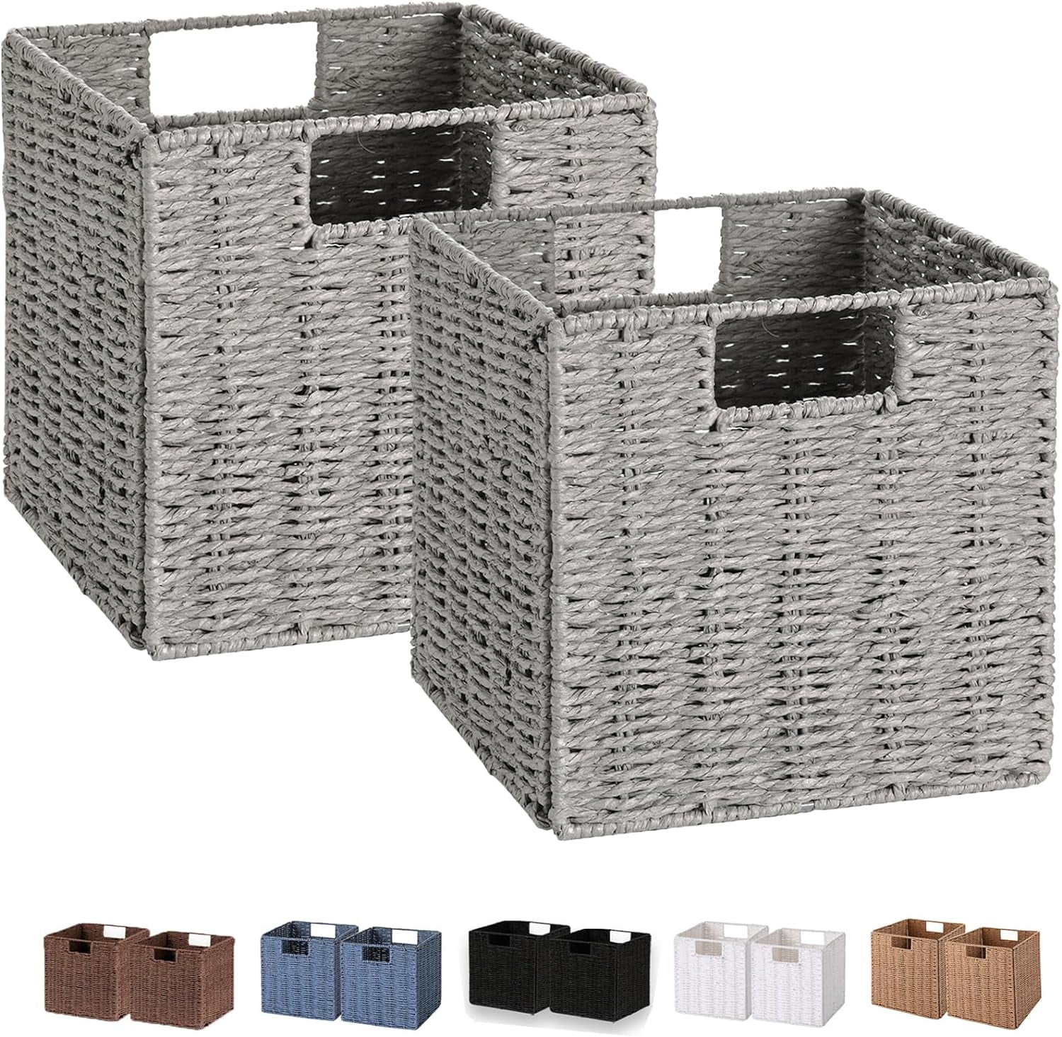 Wicker Basket, Set of 2 Hand-Woven Wicker Storage Basket, Foldable 11 inch Cube Storage Bins ...