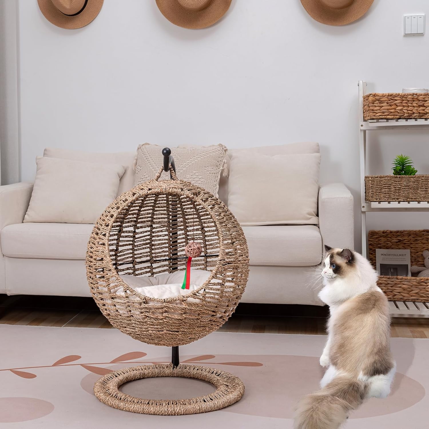 Wicker Cat Bed Cat Hammock Bed, Hanging Cat Bed Seagrass Rattan Cat Bed Cave Outdoor Cat Beds ...