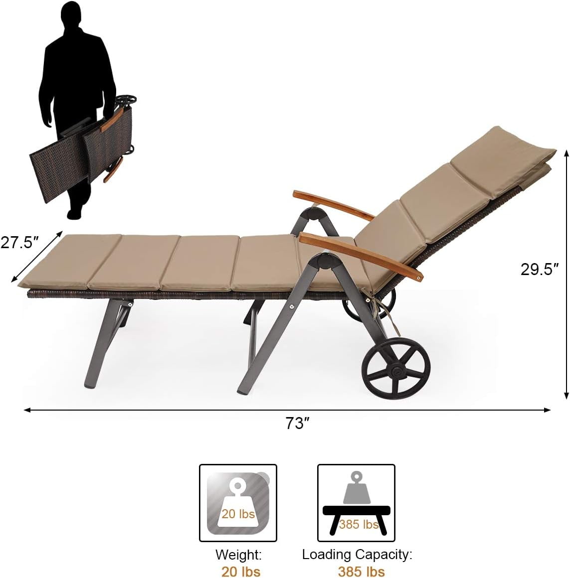 Wicker Chaise Folding Back Adjustable Aluminum Rattan Lounger Recliner ...